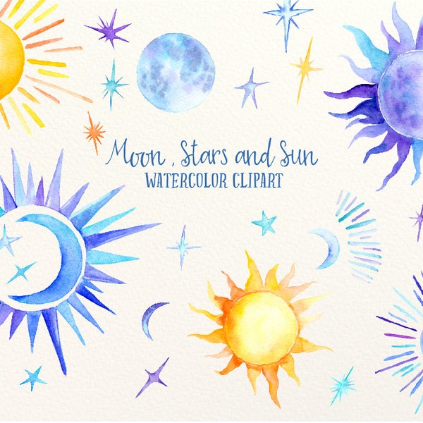 Watercolor Sun and Moon Clipart - Etsy