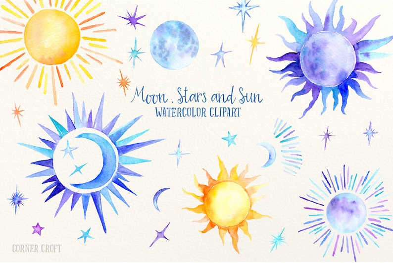 Watercolor Clipart Moon Stars and Sun for Instant Download - Etsy