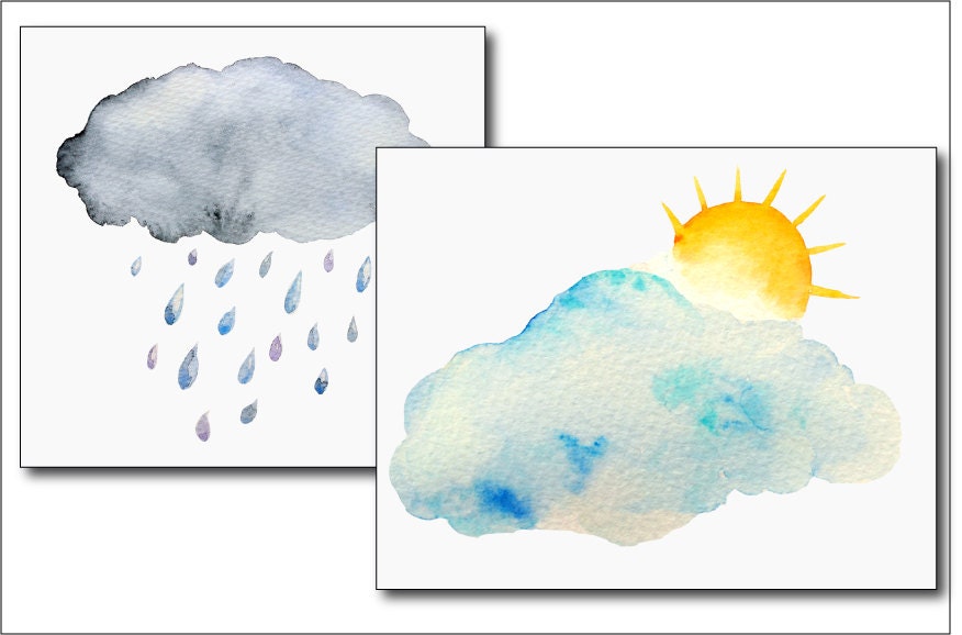 Weather Clipart, Watercolor Sun Moon Rain Drops, Cloud for Instant ...
