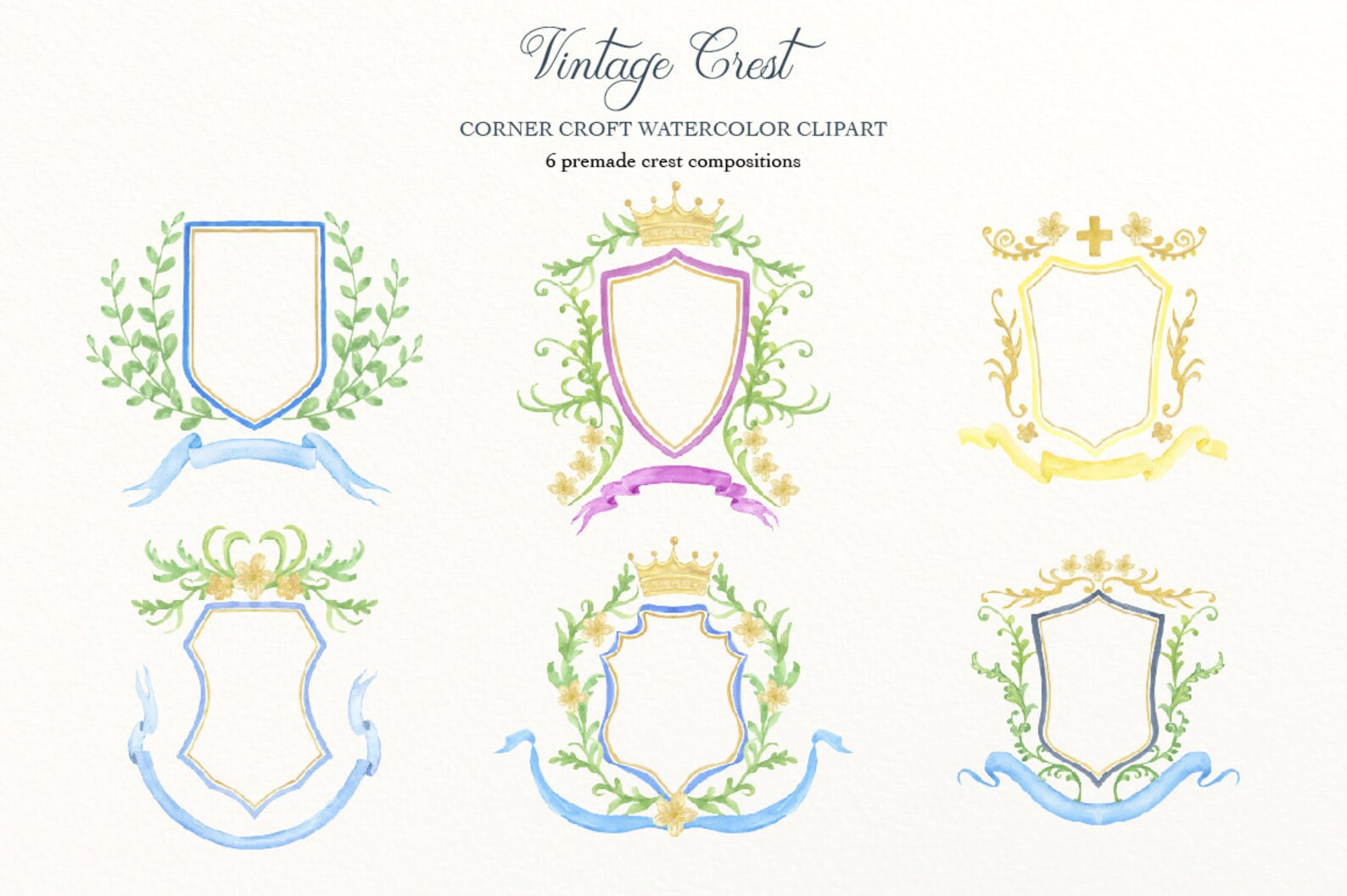 Watercolor Vintage Style Crest Frame and Ribbon for Instant | Etsy