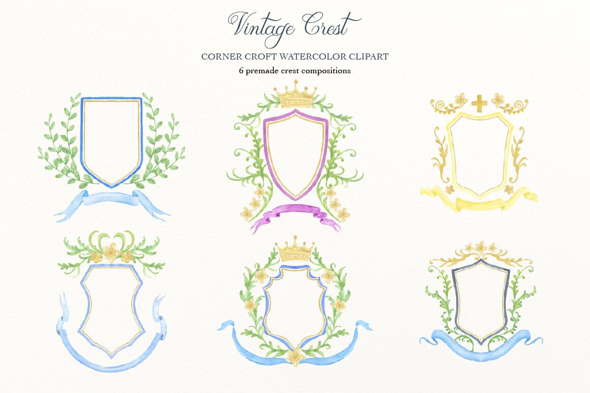 Watercolor Vintage Style Crest Frame and Ribbon for Instant | Etsy