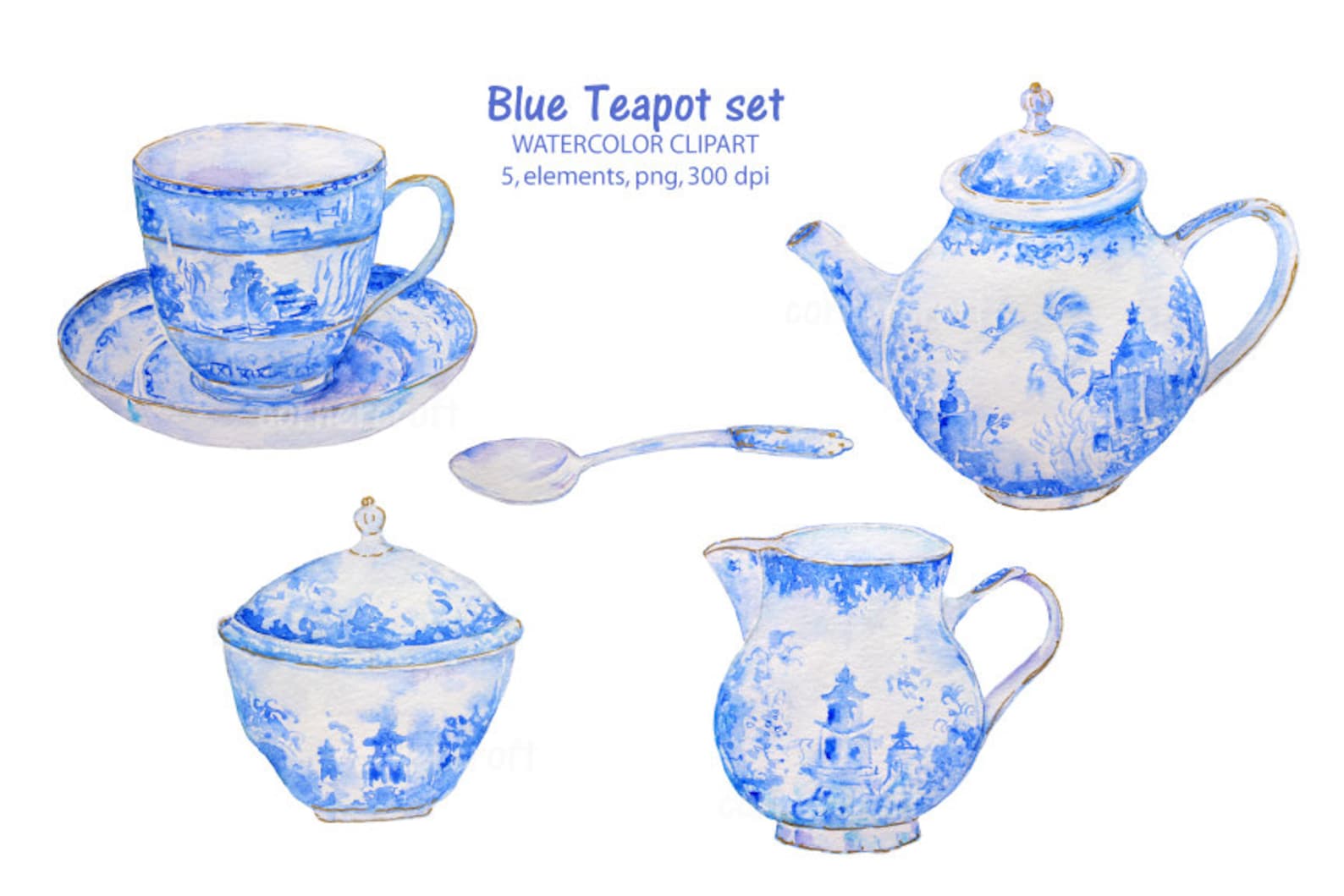 Hand Drawn Watercolor Blue Teapot Set Tea Cup Instant Download - Etsy