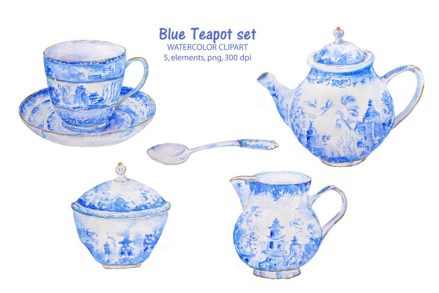 Hand drawn watercolor blue teapot set tea cup instant download | Etsy