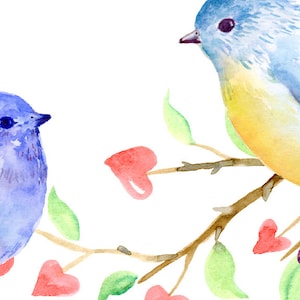 Watercolor Clipart Valentine Birds, Tree Branch With Red Hearts, Blue ...