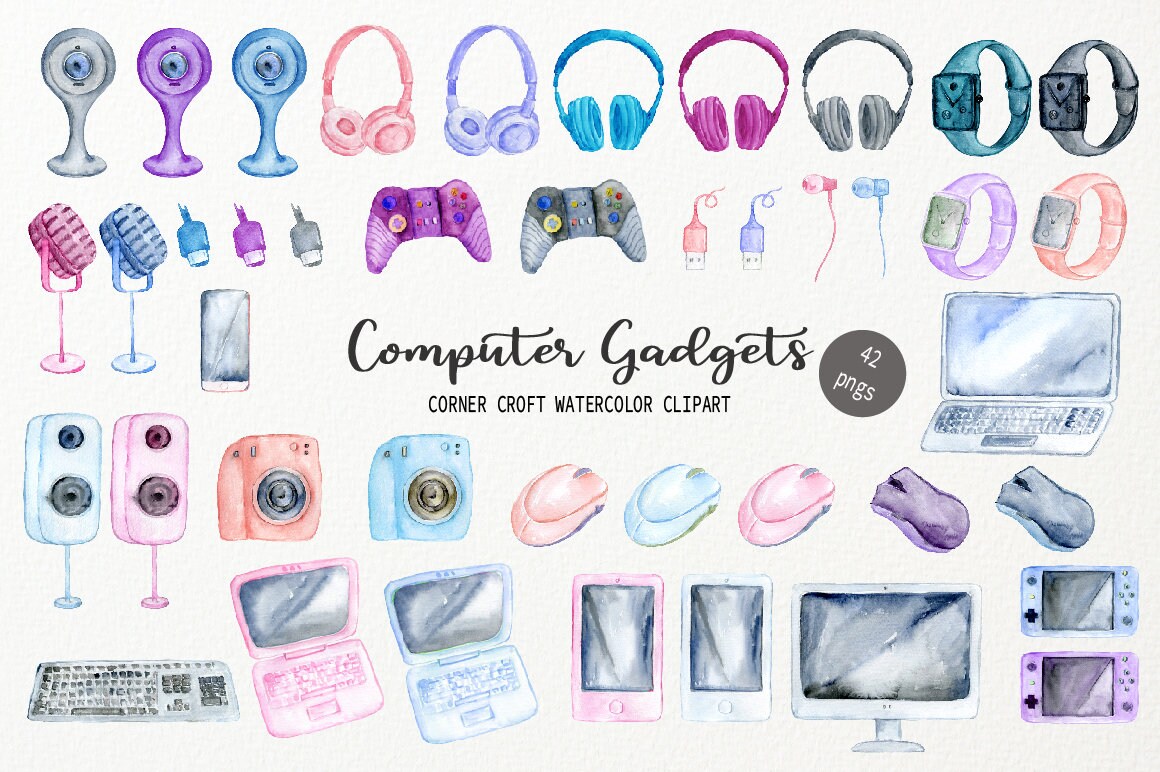 Computer Gadgets Watercolor Clipart for Instant Download - Etsy
