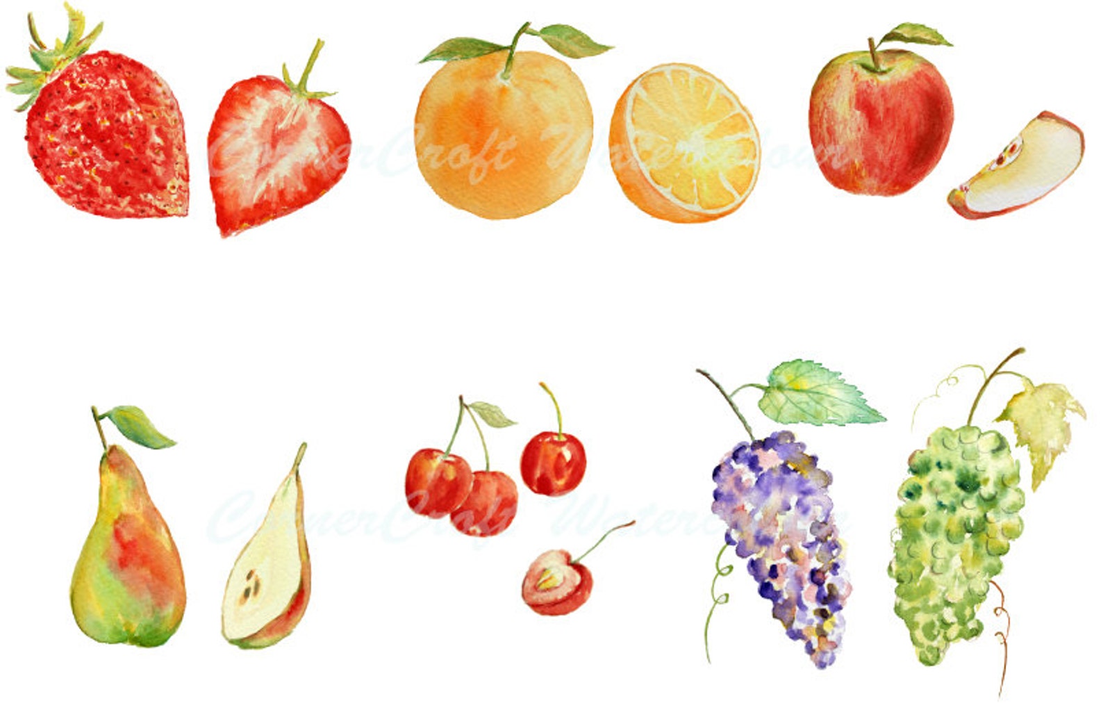 Aquarell Obst Clipart, Apfel, Orange, Kirsche, Birne, Erdbeere, Trauben ...