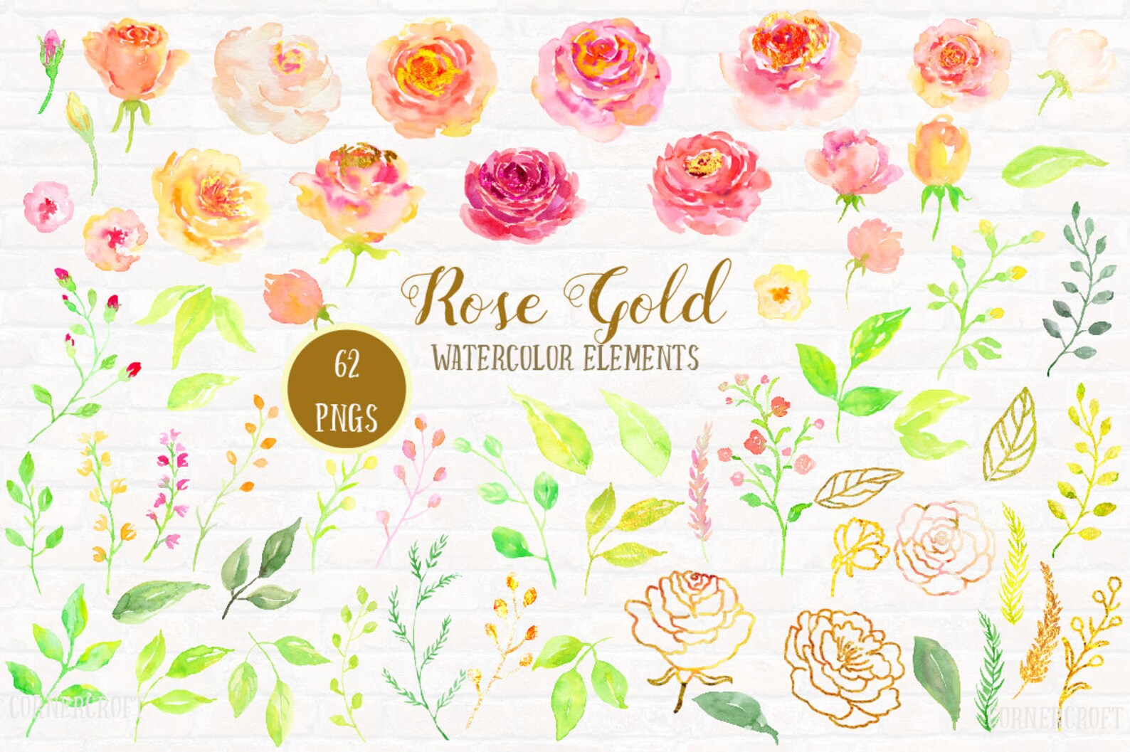 Rose Clip Art Watercolor Rose Gold Pink Peach Gold Rose | Etsy