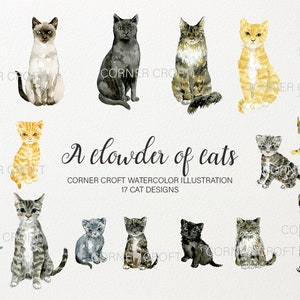Watercolor Cat Illustration "a Clowder of Cats", Instant Download for ...