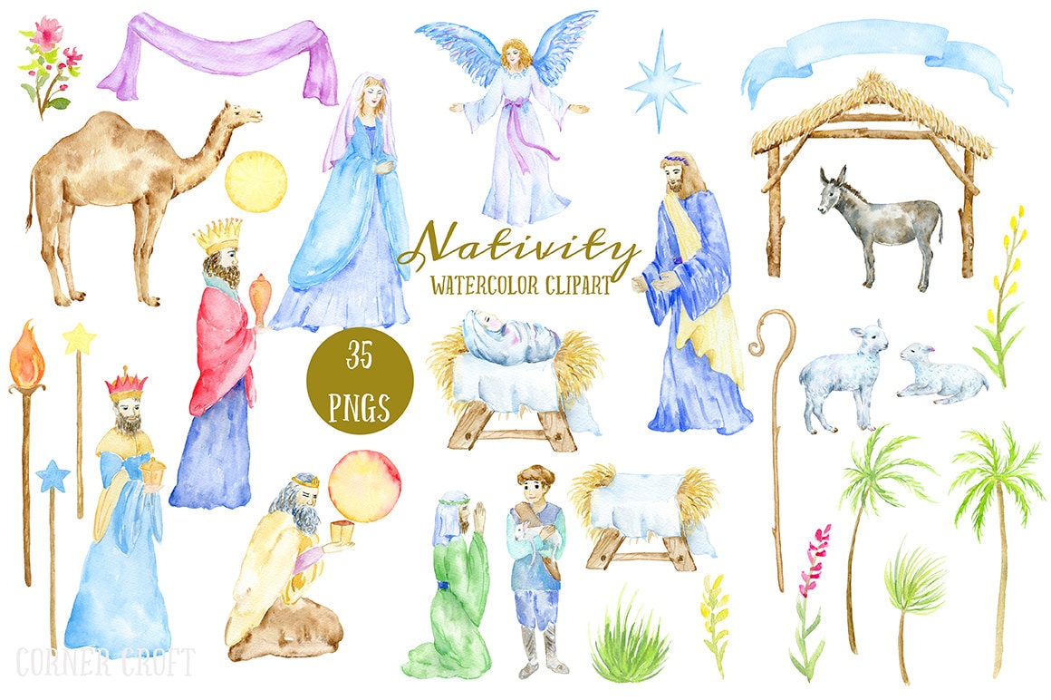 Watercolor clip Art Nativity Nativity scene mary | Etsy