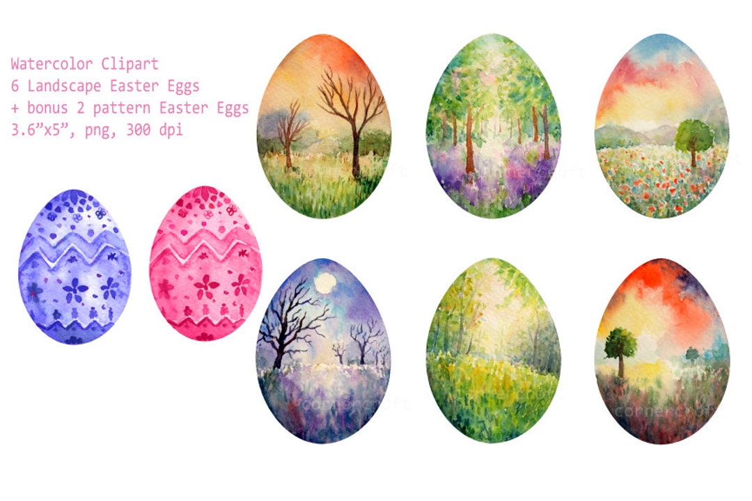 Hand Drawn Watercolor Landscape Easter Eggs Instant Download for ...