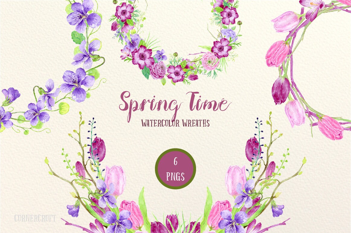 Watercolor Wreaths Spring Time Pink and Purple Spring Flower - Etsy UK