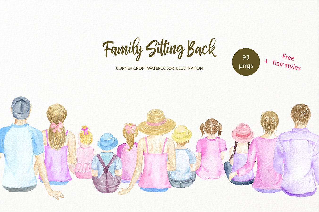 Family Sitting Back Watercolor Illustration for Making Personalised ...
