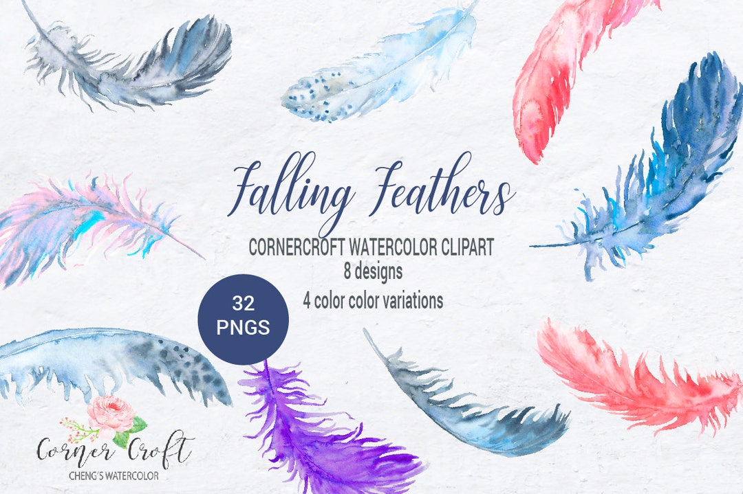 Falling Feathers Clipart, Watercolor Feathers, Blue Feather, Pink ...