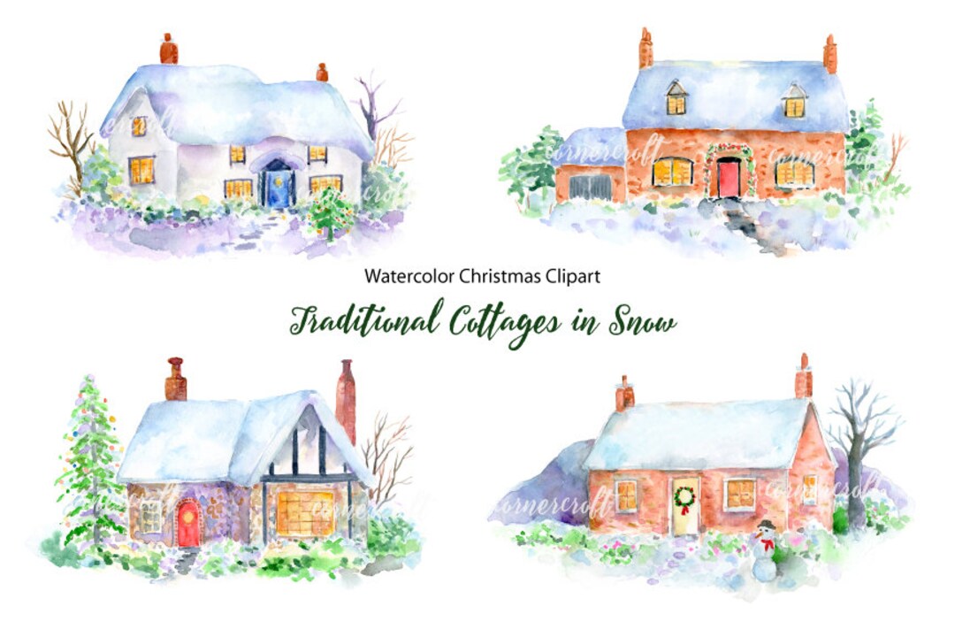 Watercolour Traditional Cottages in Snow, Christmas Cottages, Printable ...