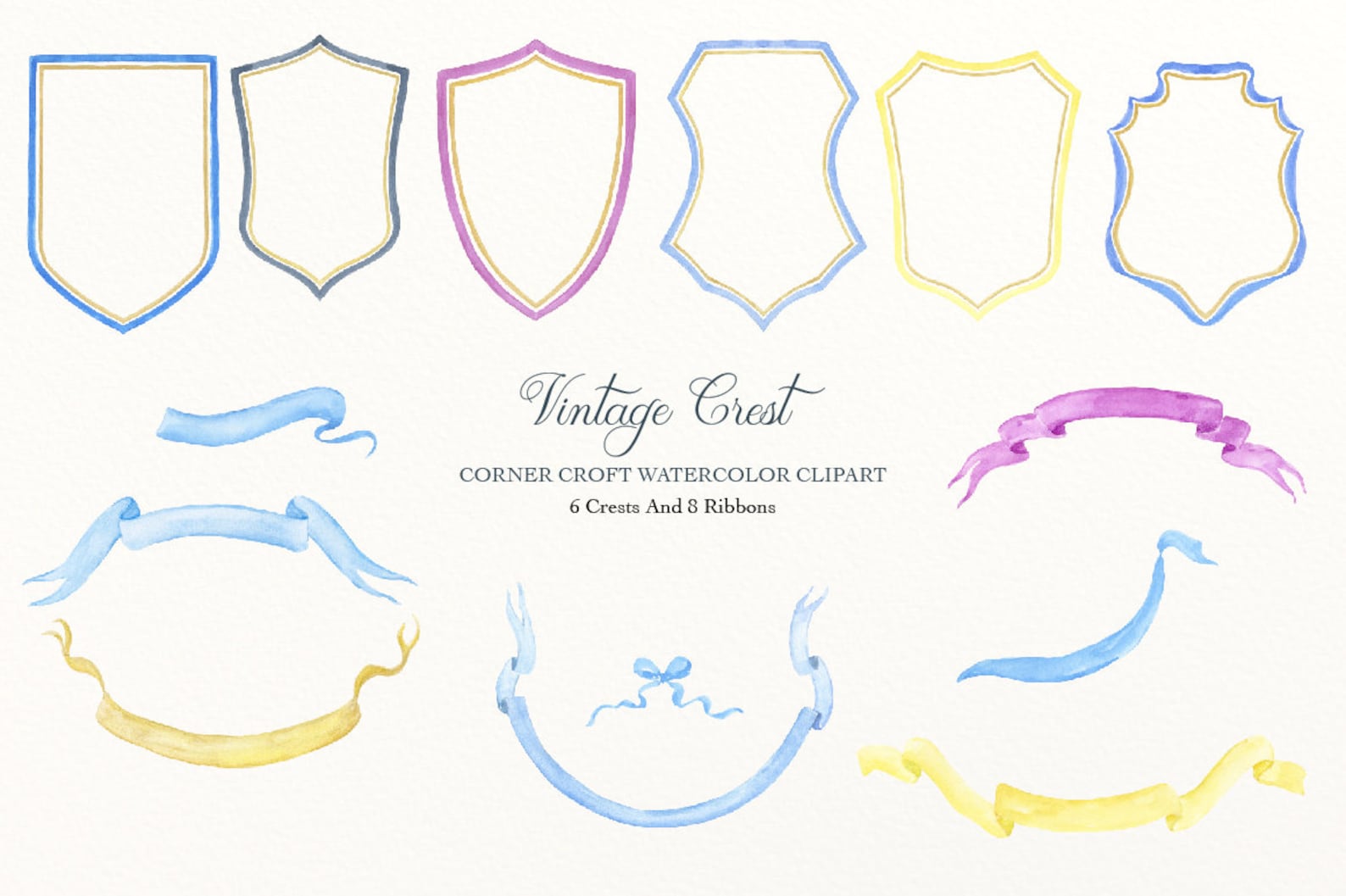 Watercolor Vintage Style Crest Frame and Ribbon for Instant | Etsy