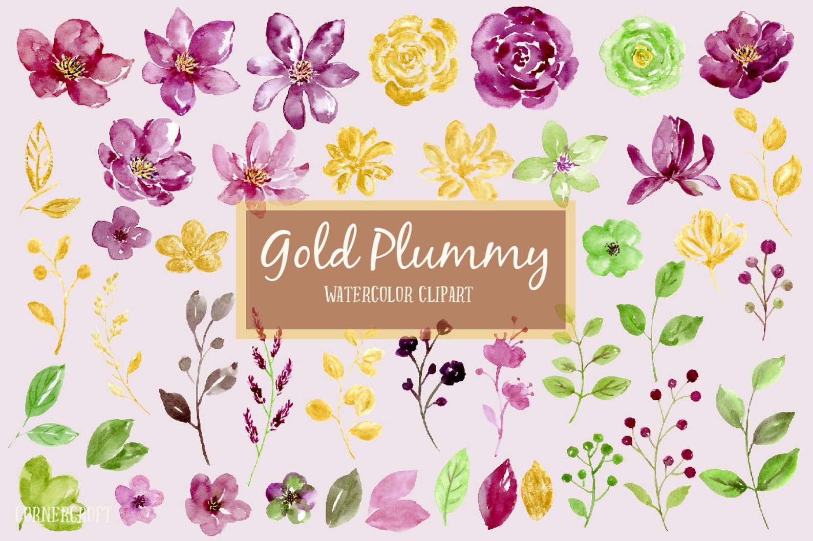 Watercolor Clipart Gold Plummy Plummy Flowers Purple - Etsy