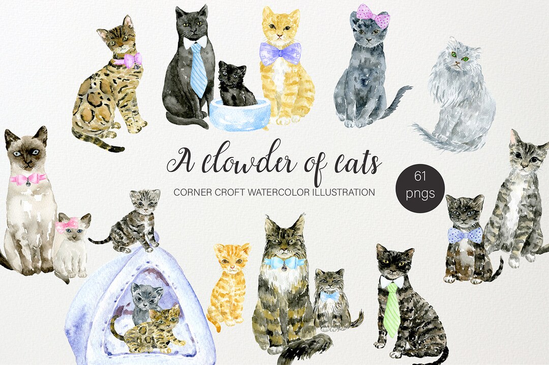 Watercolor Cat Illustration a Clowder of Cats, Instant Download for ...