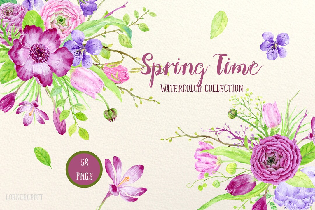 Watercolor Collection Spring Time - Pink and Purple Ranunculus, Tulips ...