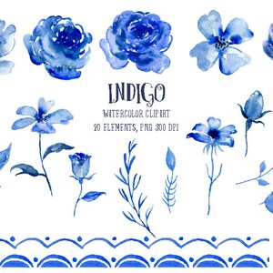 Watercolor Clipart Indigo - Indigo and Blue Flowers and Decorative ...