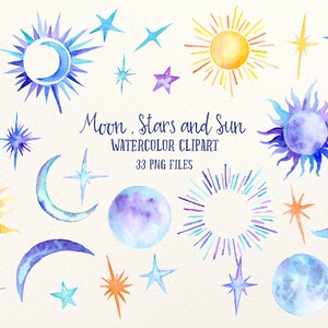 Watercolor Clipart Moon, Stars and Sun for Instant Download Scrapbook ...