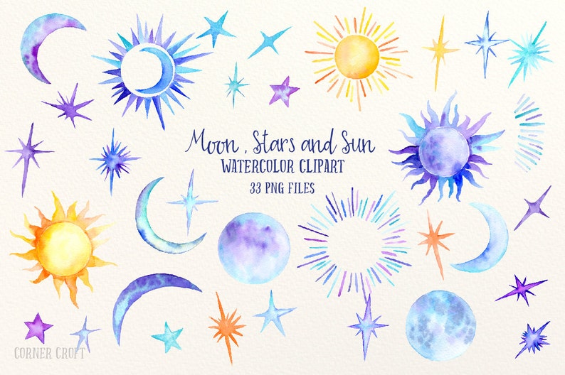 Watercolor Clipart Moon Stars and Sun for Instant Download - Etsy