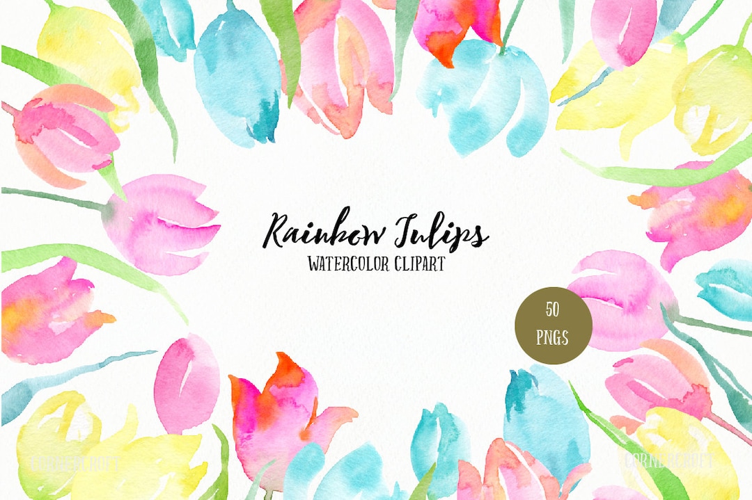 Tulip Clip Art Rainbow Tulips, Watercolor Pastel Color Tulips, Spring ...