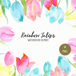 Tulip Clip Art Rainbow Tulips, Watercolor Pastel Color Tulips, Spring ...