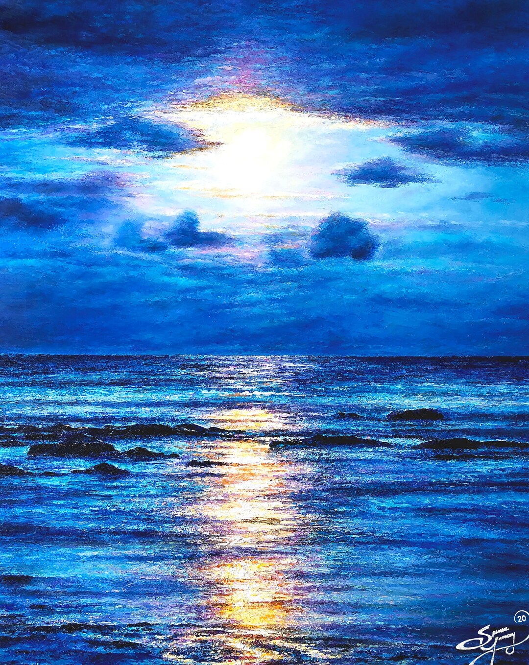 Moonrise Print- Coastal Moon- Beach Print- Print of Original Textured ...