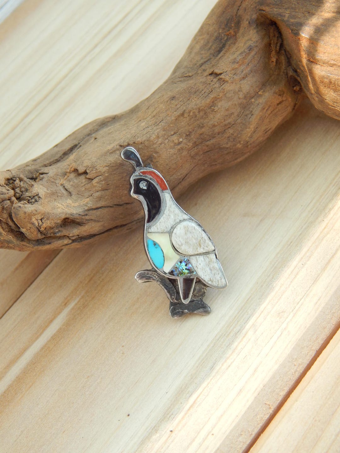 Vintage Zuni Sterling Silver Quail Pin Pendant, Stone Shell & Coral ...