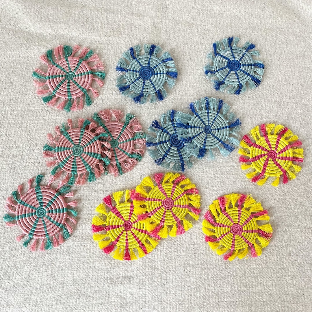 African Coasters Set Bright Pinwheel // Woven in Rwanda // Sisal ...