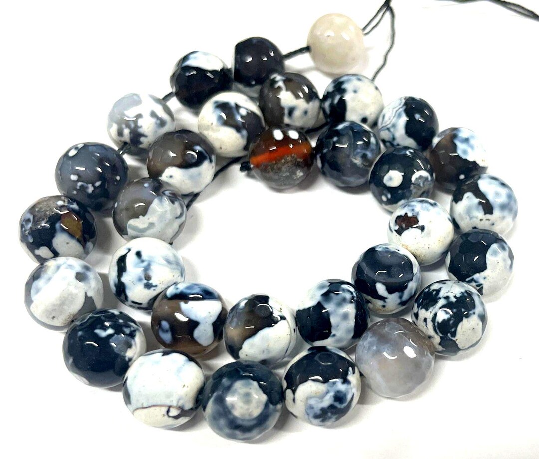 1 Strand (31pcs) of Natural Fire Crackle Agate 12mm Black Round Faceted ...