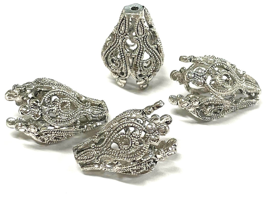 2pcs of Large Silver Filigree Tassel Cap Bails Pendant Bails Cone Caps ...