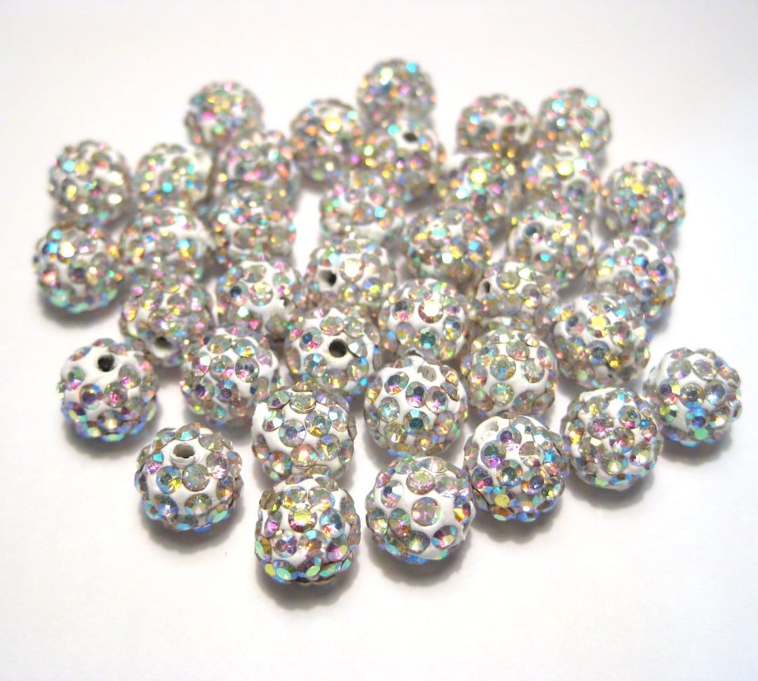 10 White AB Rhinestone Disco Ball Beads: Polymer Clay Pave Beads (6mm ...