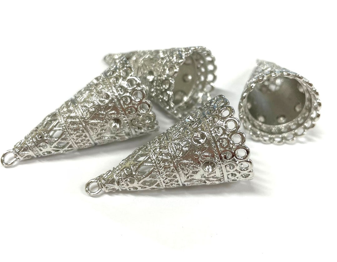 2pcs of Large Silver Tassel Cap Bails Pendant Bails Cone Capsno. BCP366 ...