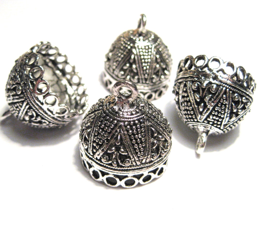 2pcs of Large Antique Silver Plated Filigree Tassel Caps Cone Bead Caps ...