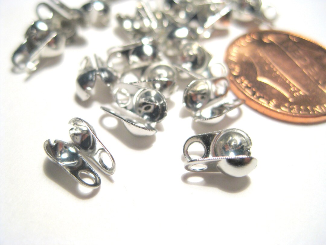 100pcs of Silver Tone Clamshell Bead Tip Knot End Cover 2 Loops End ...