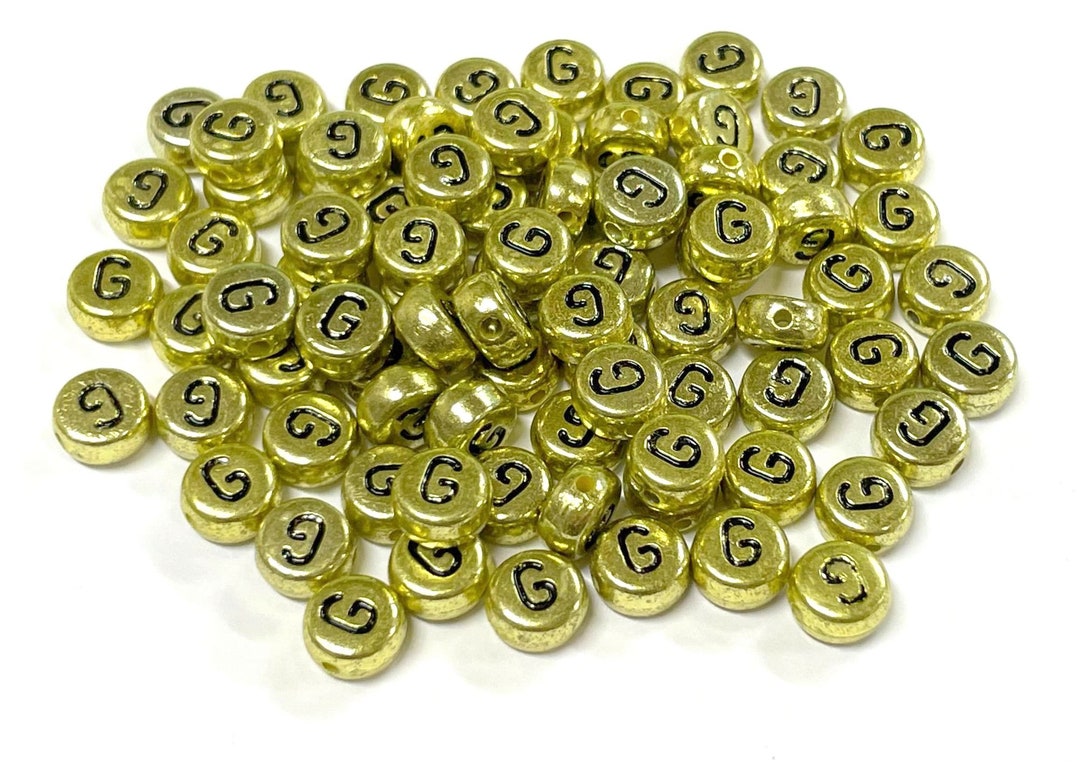 50pcs of Flat Round Alphabet /letter "g" Acrylic Spacer Beads Gold Tone ...