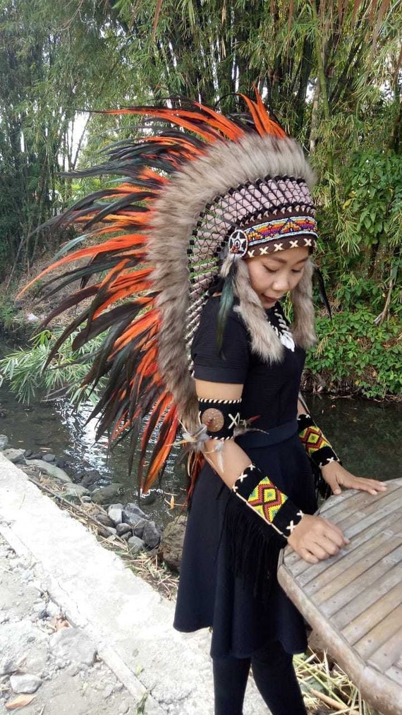 Orange Feather Headdress Medium Length Costume Indian Headdress halloween Costume native American Headdress Women indian Costume Headdress Etsy