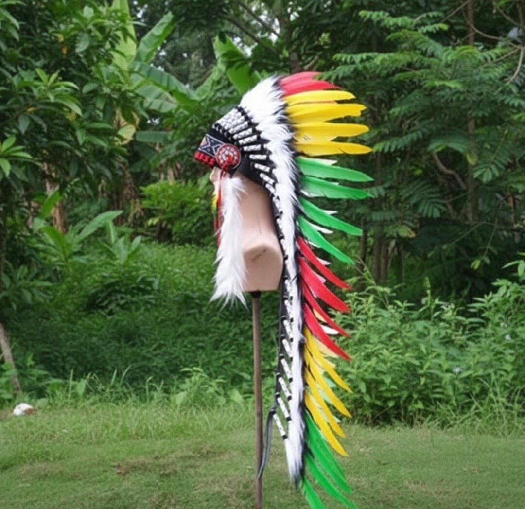 Feather Headdress: Yellow, Black & Red Indian Costume Hat - Etsy