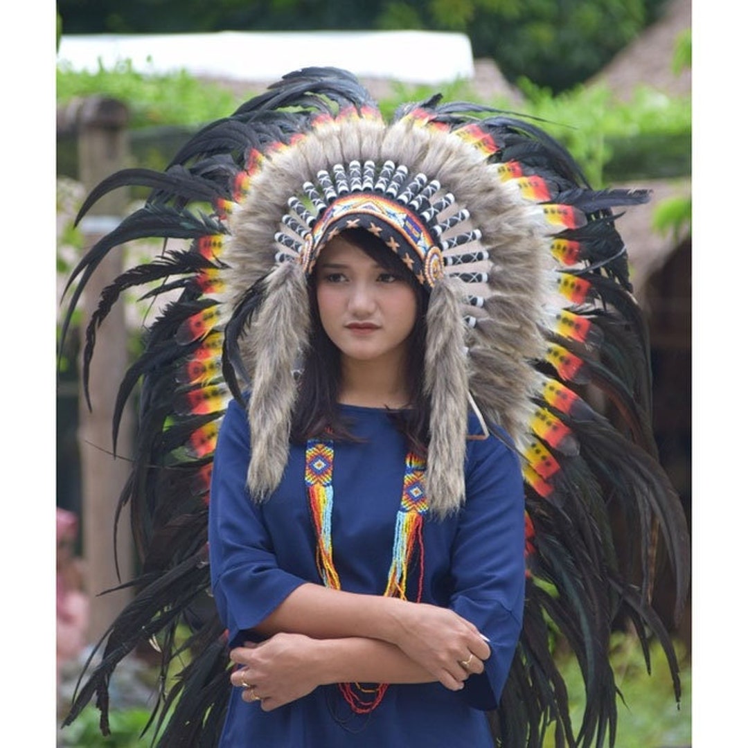 Authentic Native American Style Feather Headdress: Black & Brown ...