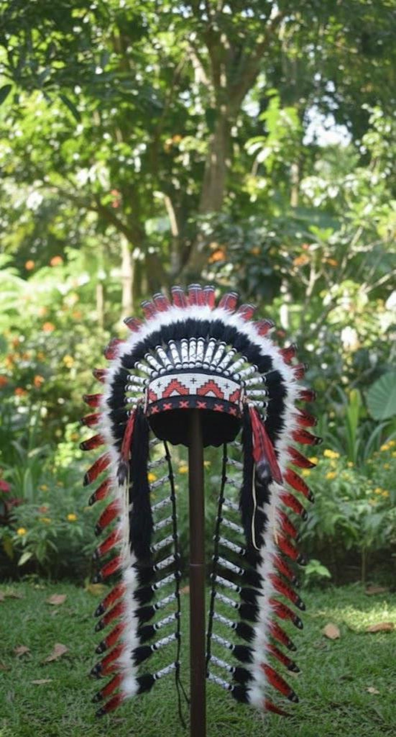Natural Red Indian Headdress Replica Made With Dyed Feathers and Beads ...