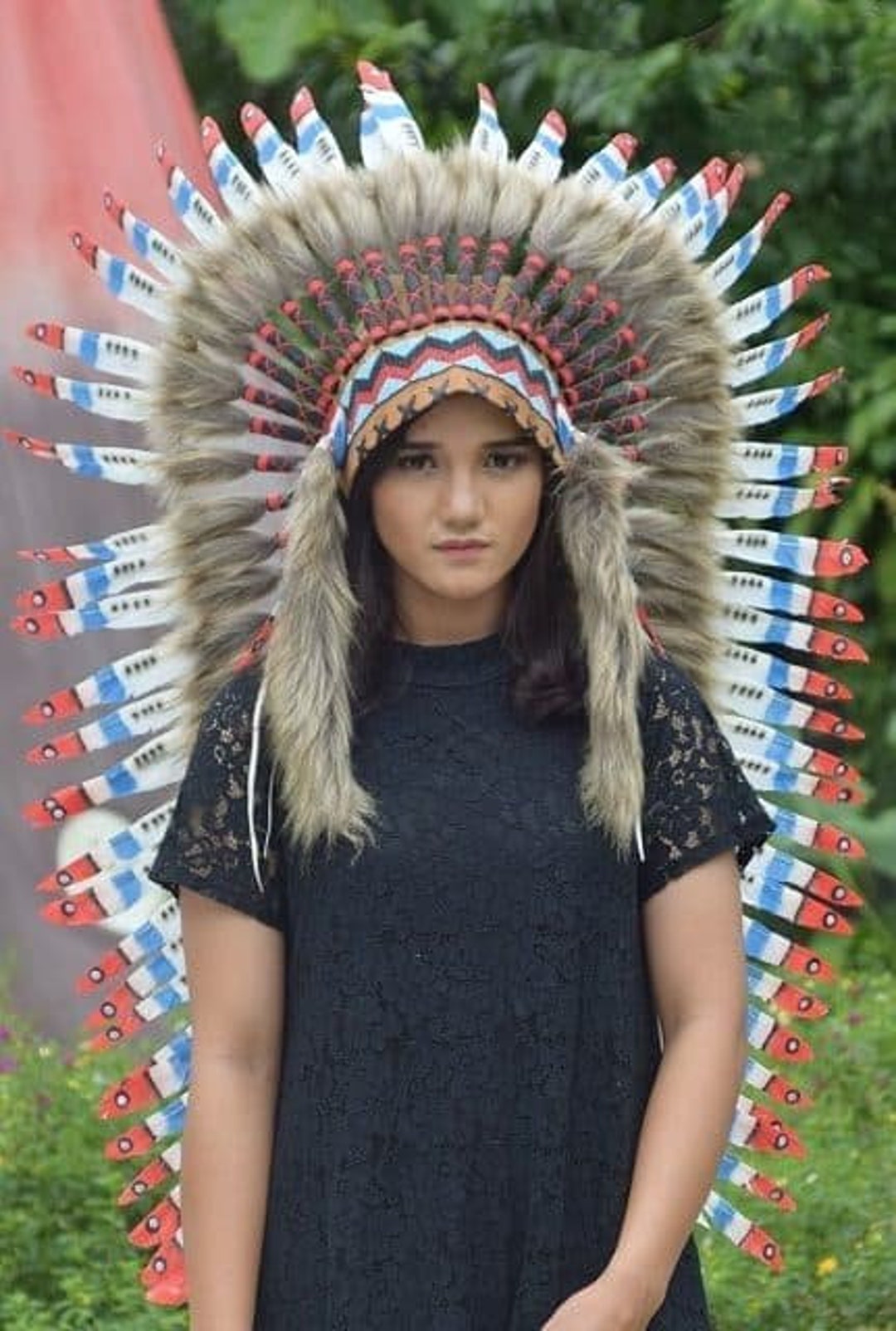 Medium Natural Blue Red Indian Headdress Replica Made With Rooster ...