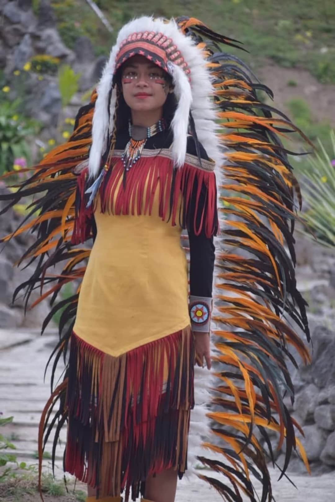Comanche Headdress, Long Length Feather Headpiece Orange Color, Feather ...