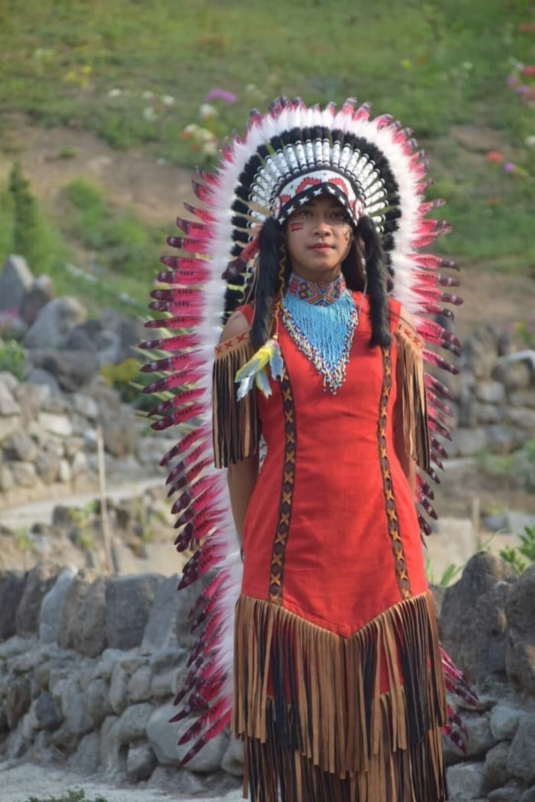 Long Indian Headdress: White & Red Feather Costume Headpiece - Etsy
