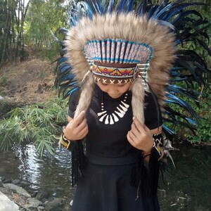 Indian Blue Black Headdress, Feather Headdress Indian Inspired, Real ...
