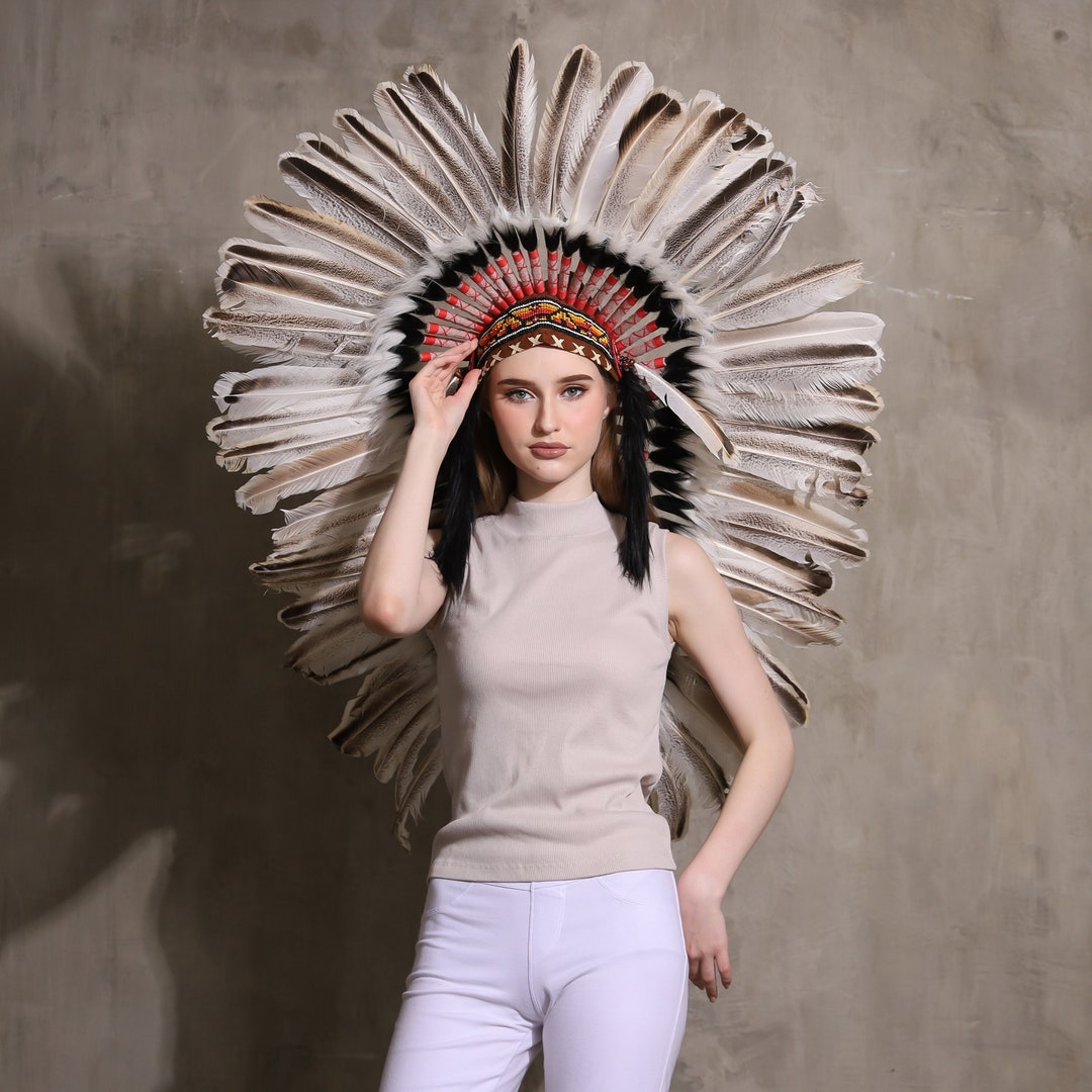 White Indian Hat - Medium Length - Indian Headdress Turkey Feathers ...