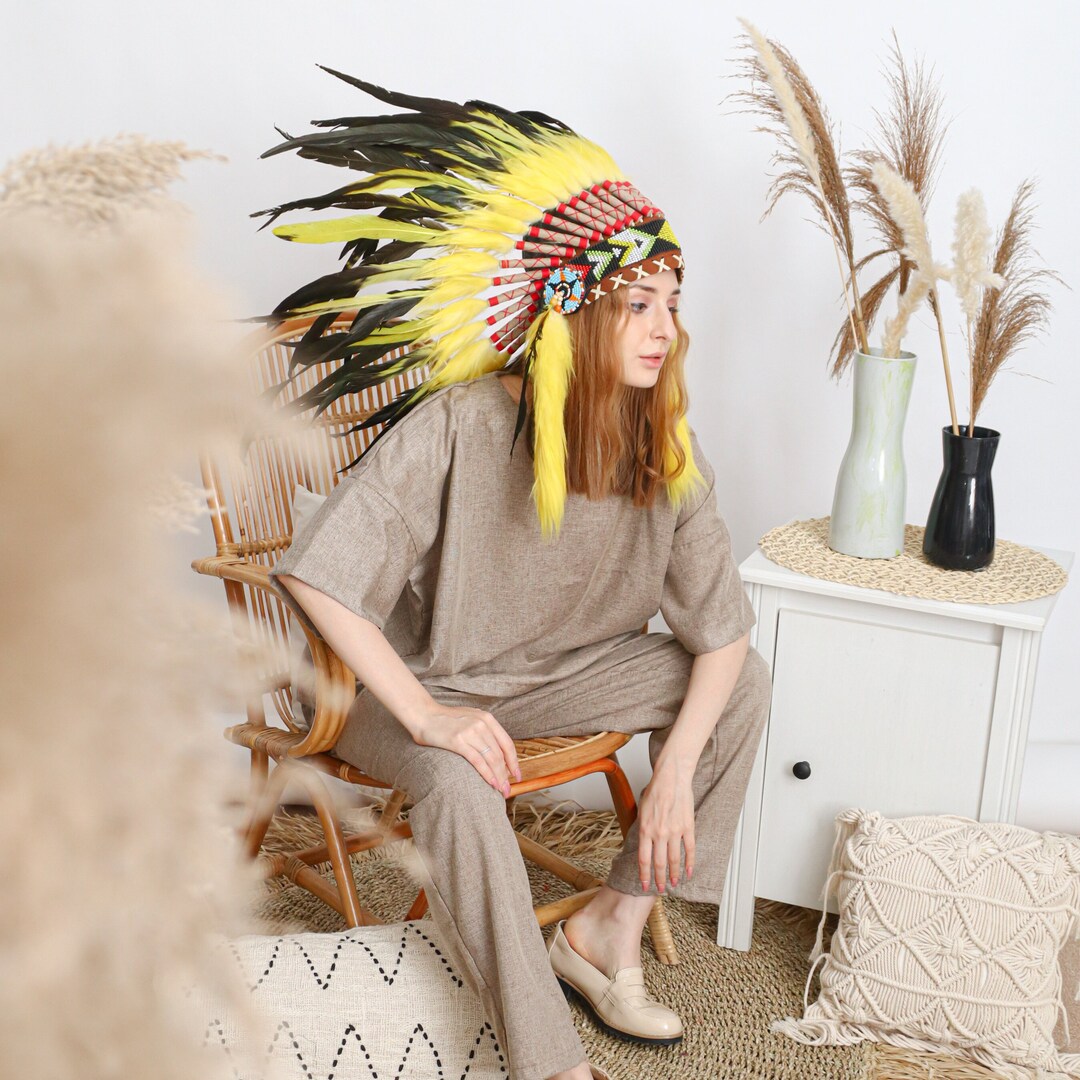 Yellow Indian Homemade Headdress With Real Feathers Front Beaded ...