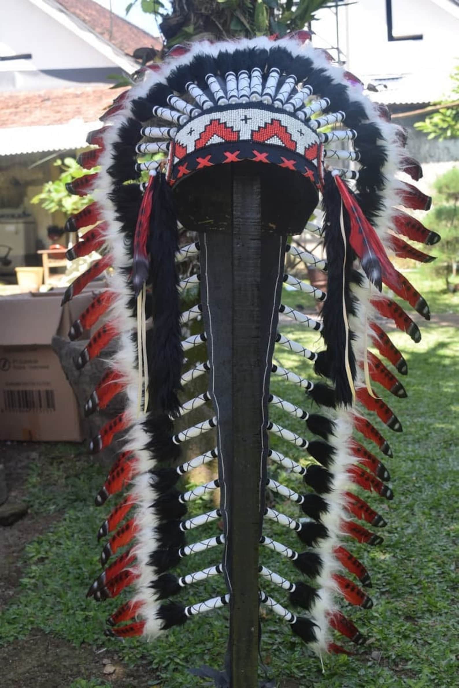 Natural Red Indian Headdress Replica Made With Dyed Feathers and Beads ...