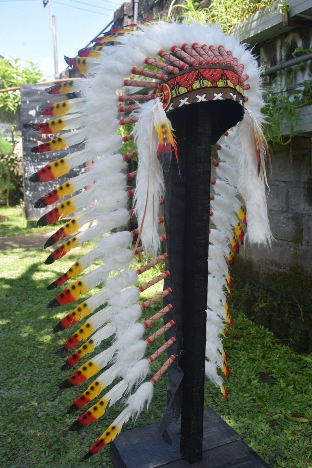 White Orange Feather Gypsy Feather Headdress , War Bonnet Native ...