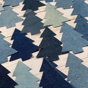 20 - Denim Trees Blue Jean Quilt Stars Quilting Hand Cut Patchwork ...